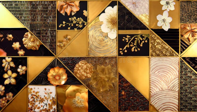 Japanese-inspired Patchwork Background with Gold Flowers and Diverse ...