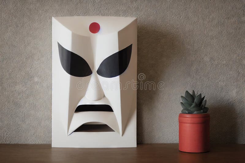 Japanese Kabuki White Rectangular Tiki Mask Standing on Table Against ...