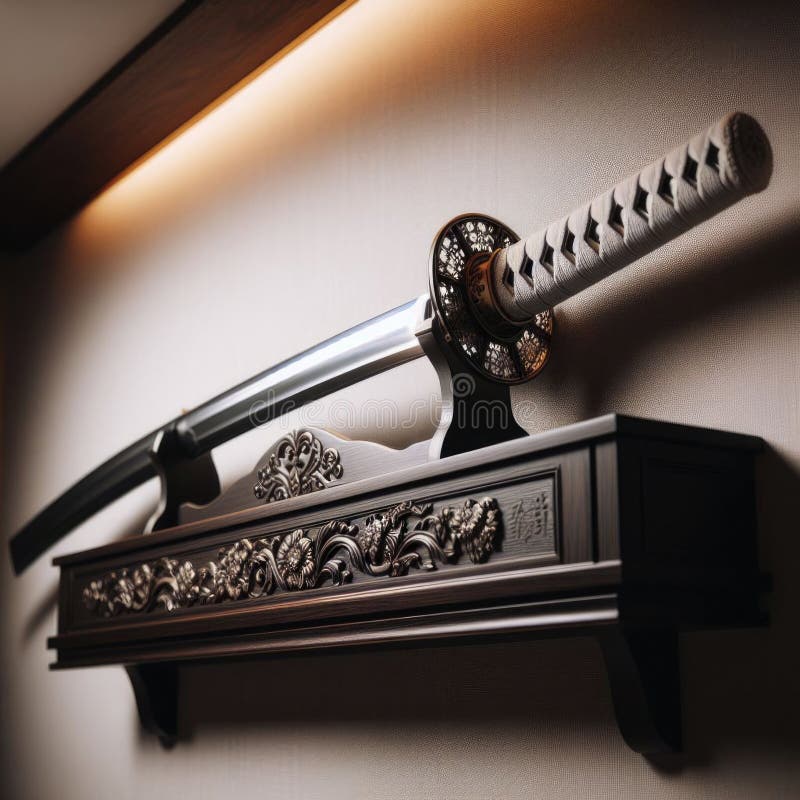 Japanese Katana Mounted on Display Stand on Wall Stock Illustration ...