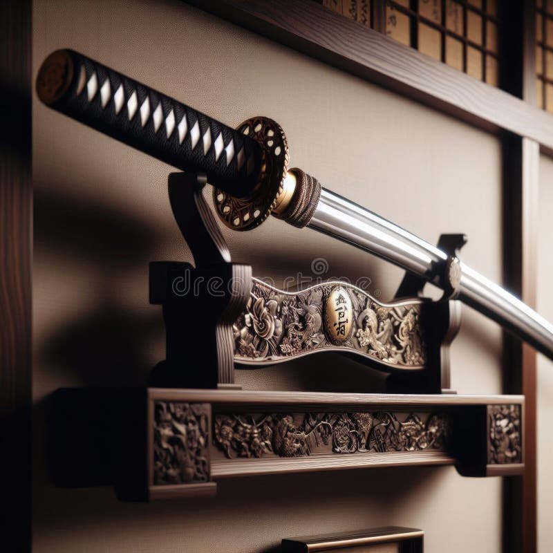 Japanese Katana Mounted on Display Stand on Wall Stock Illustration ...