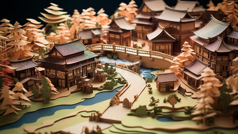 Japanese Kirigami Style Village. Paper Craft Style Stock Illustration ... Japanese Kirigami Style Village. Paper Craft Style Stock Illustration ...