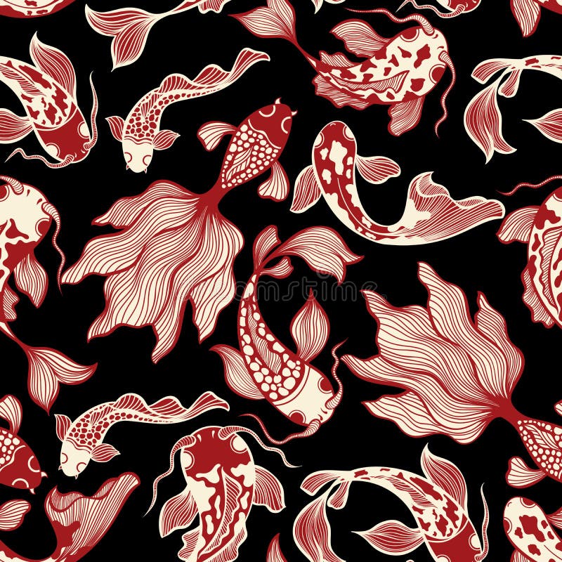 Japanese Koi Fish Vector Seamless Pattern on Black for Fabric Textile ...