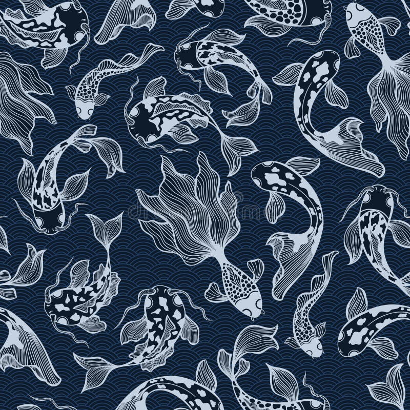 Japanese Koi Fish Vector Seamless Pattern in Deep Blue Colors for ...