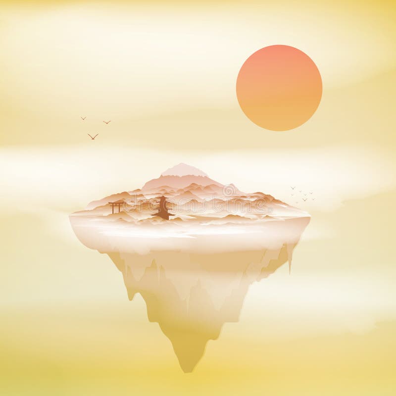 Japanese Landscape Background with Mountains and Arch on a Float Stock ...