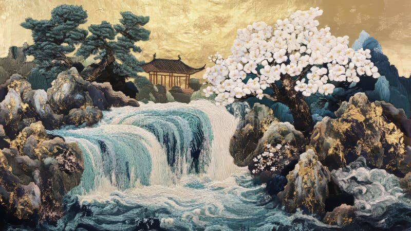 Japanese Landscape Golden Hour Featuring Waterfall Mountains Stock ...