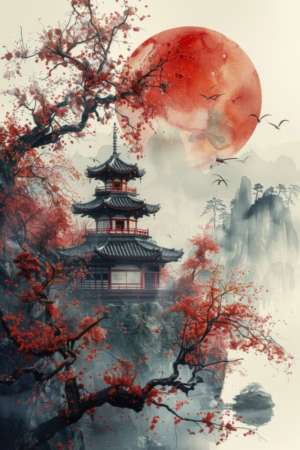 Japanese Landscape Watercolor. AI Generative Art Stock Illustration ...