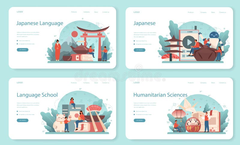 Japanese Learning Web Banner or Landing Page Set. Language School Stock ...