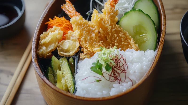 Japanese Lunch Box with Tempura, Rice, and Vegetables Stock Photo ...
