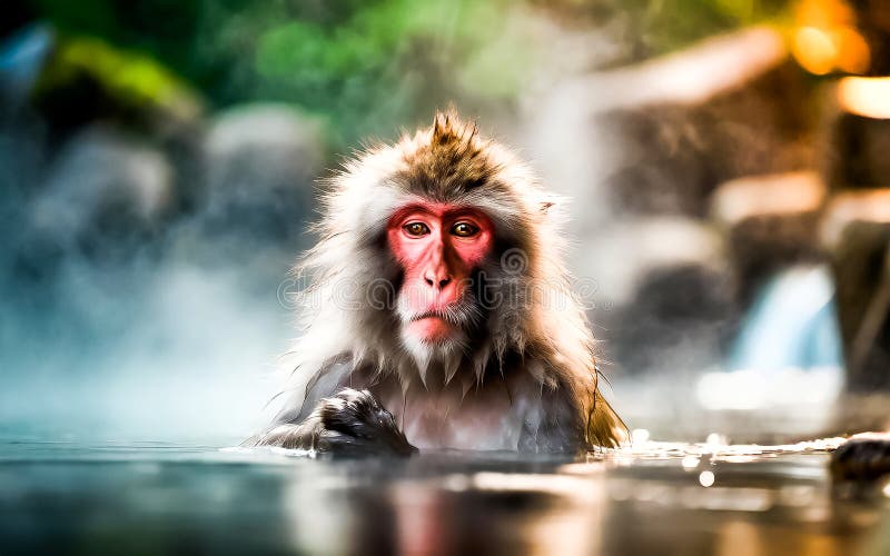 Japanese Macaque Monkey Bathing in Hot Onsen Bath, Ki Generated Stock ...