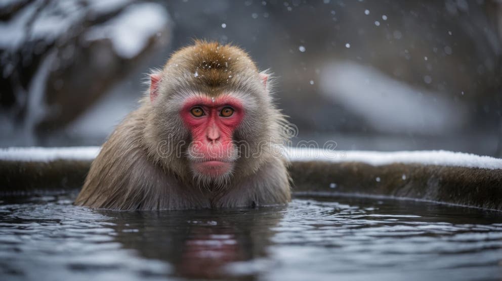 Japanese Macaque Monkey Taking a Bath in Hot Spring in Winter. Stock ...