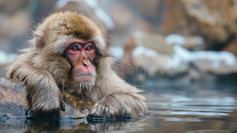 Japanese Macaque Relaxing in a Hot Spring Stock Illustration ...