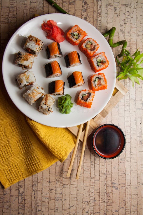 Japanese maki on plate stock photo. Image of detail, menu - 65193376
