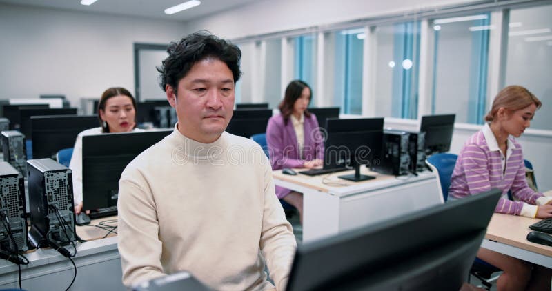 Japanese Man, Students and Computer Science in Lab for Lesson ...