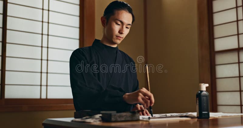 Japanese, Man and Writing with Brush, Traditional or Ancient Tools for ...