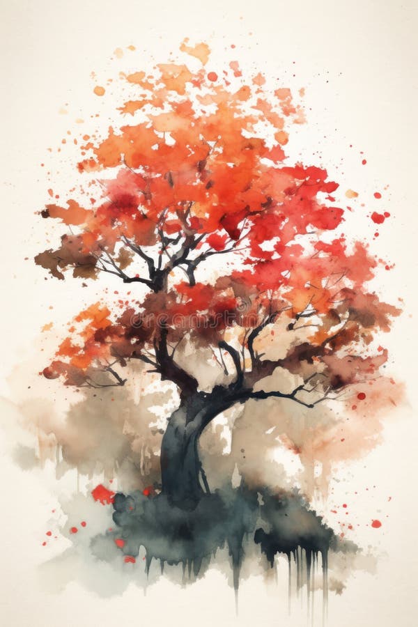 Japanese Maple Tree Painting in Watercolor Style . Stock Illustration ...