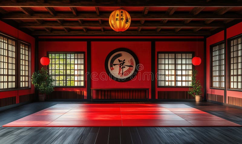 Japanese Martial Arts Dojo Interior with Red Decor and Traditional Elements Stock Image - Image ...