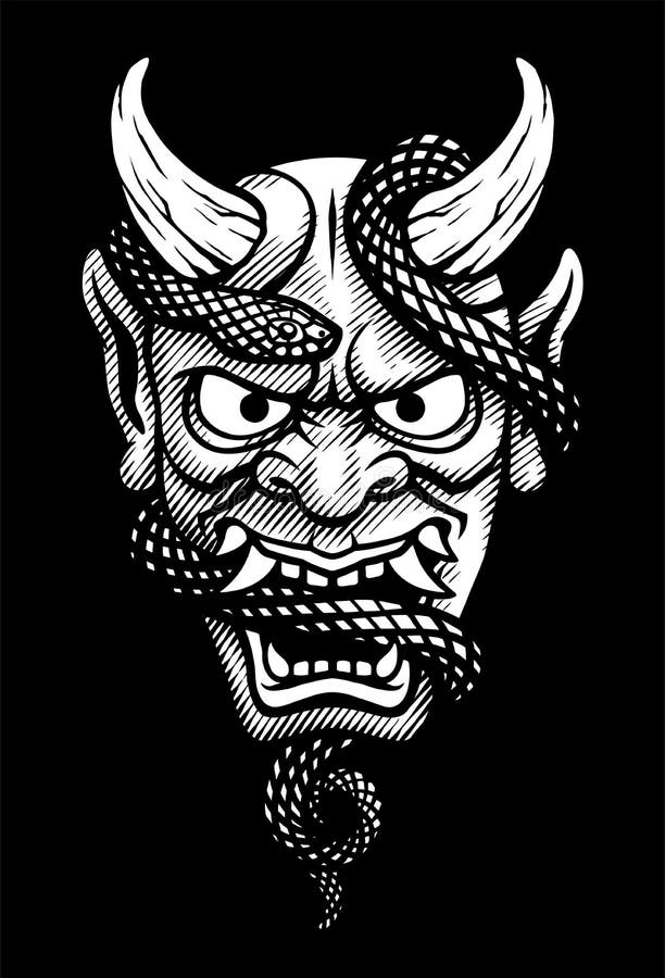 Japanese Mask of a Demon with a Snake. Vector Illustration. Stock ...