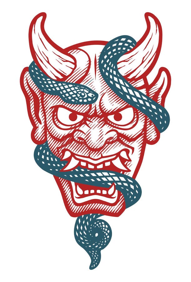 Japanese Mask of a Demon with a Snake. Vector Illustration. Stock ...