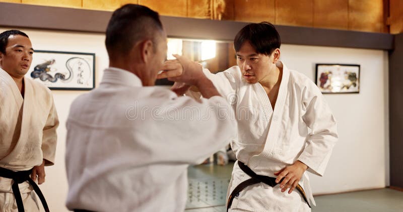 Japanese Master, Student or Fighting in Martial Arts in Dojo Place ...