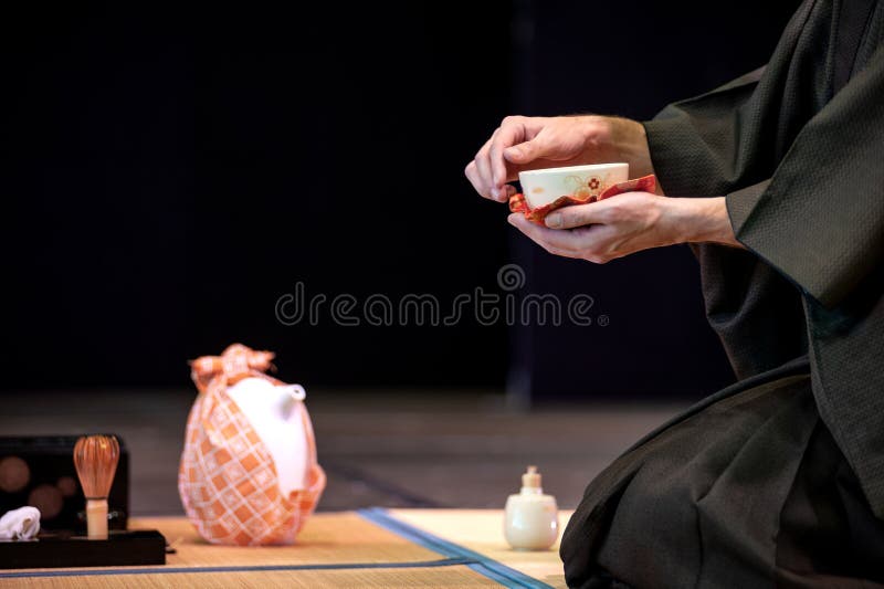 Japanese Master in Traditional Kimono, during the Tea Ceremony Stock ...
