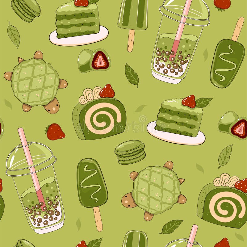Japanese Matcha Desserts Seamless Pattern.Vector Graphics Stock Vector ...