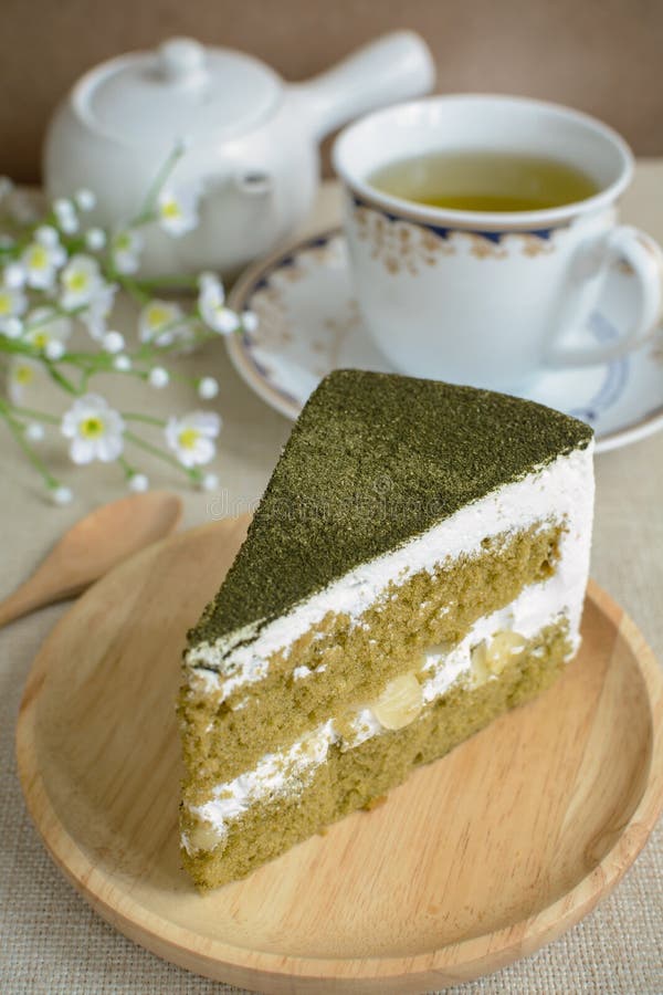 Japanese Matcha Green Tea Cake with Cup of Tea Stock Image - Image of ...