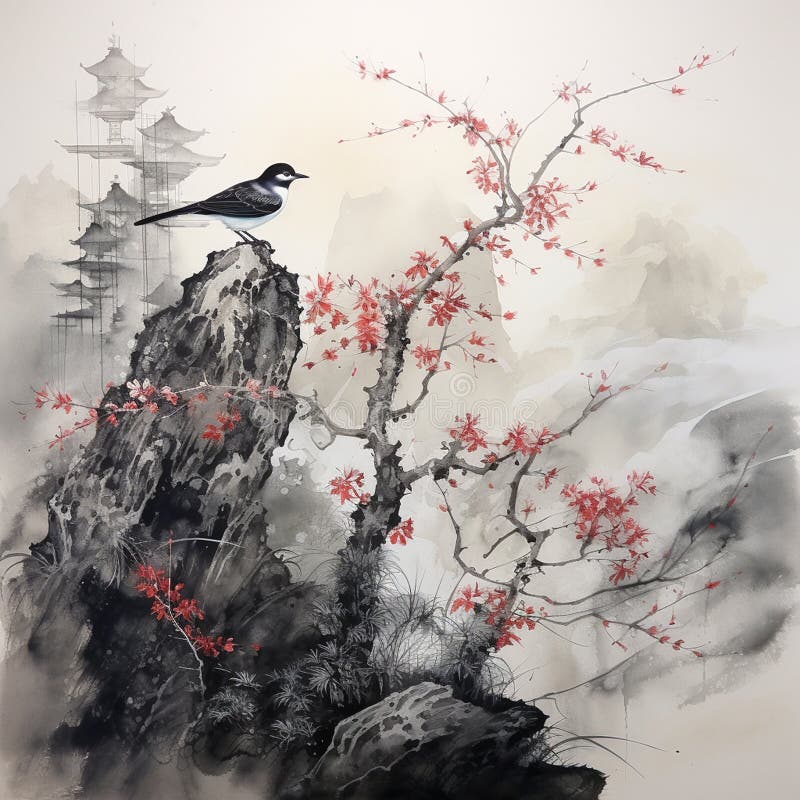 Japanese Modern Ink Wash Painting Stock Illustration - Illustration of ...