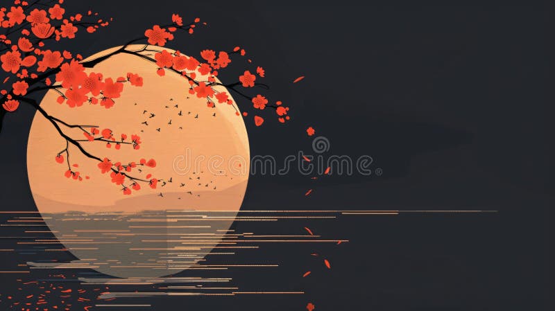The Japanese Moon Going Down the Water Copy Space Stock Photo - Image ...