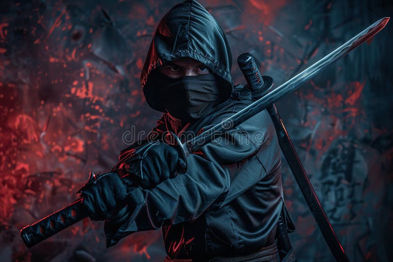 Japanese Ninja Warrior Dressed in Samurai Clothes Holding a Sharp Sword ...