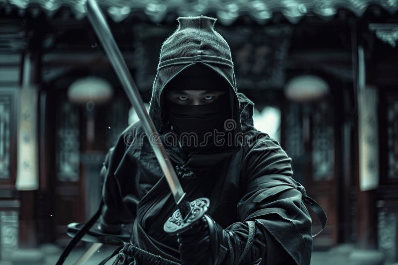 Japanese Ninja Warrior Dressed in Samurai Clothes Holding a Sharp Sword ...