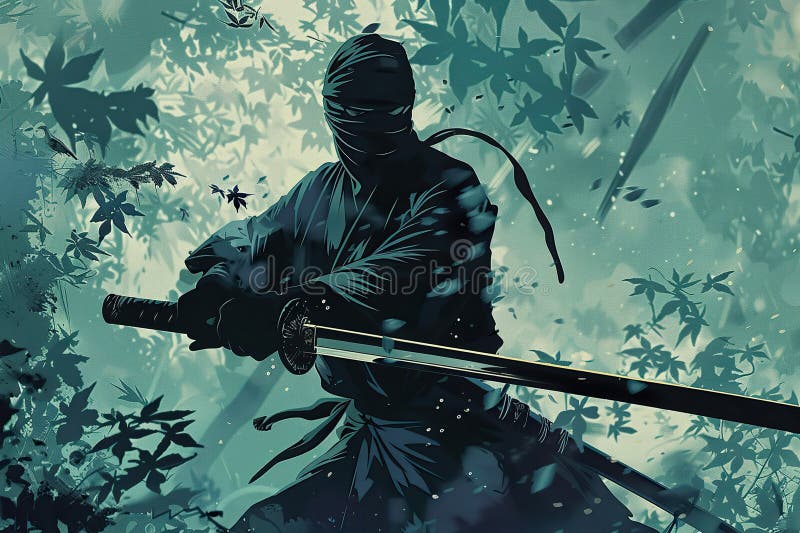 Japanese Ninja Warrior Dressed in Samurai Clothes Holding Sharp Sword ...