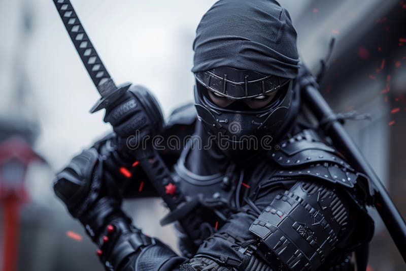 Japanese Ninja Warrior Dressed in Samurai Clothes Holding Sharp Sword ...