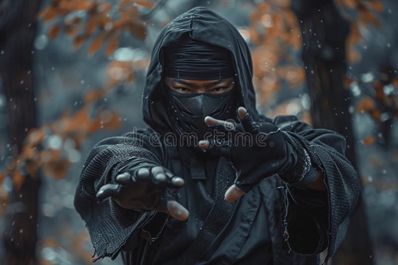 Japanese Ninja Warrior Dressed in Samurai Clothes Holding Sharp Sword ...