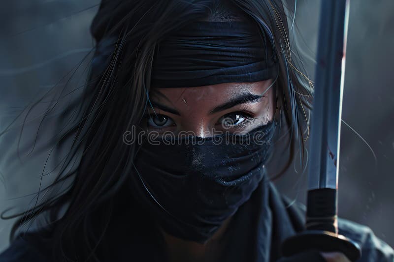 Japanese Ninja Warrior Dressed in Samurai Clothes Holding Sharp Sword ...