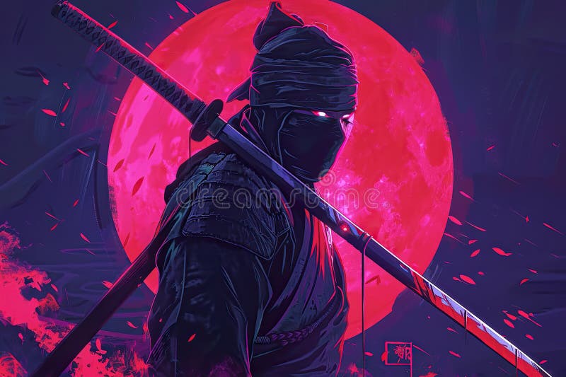 Japanese Ninja Warrior Dressed in Samurai Clothes Holding Sharp Sword ...