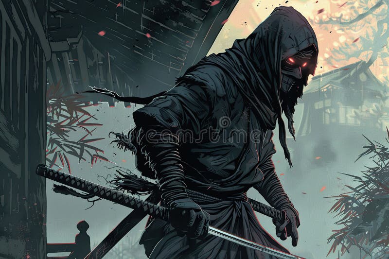 Japanese Ninja Warrior Dressed in Samurai Clothes Holding Sharp Sword ...