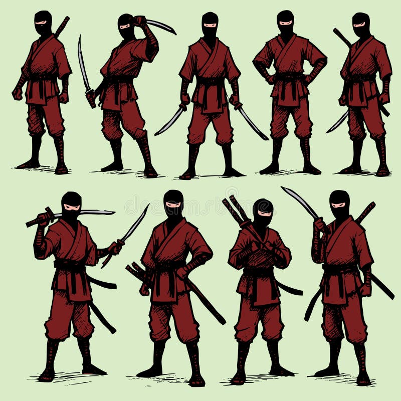 Japanese Ninjas in Various Poses, in Vector Format. Stock Vector ...