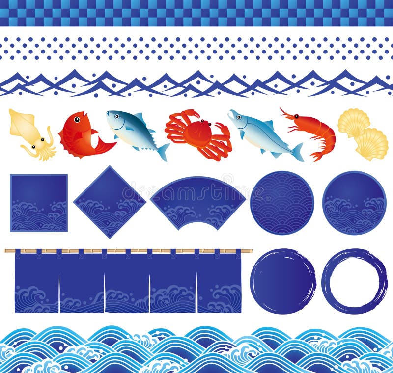 Japanese Ocean Wave Icons and Fish Illustrations. Stock Vector ...