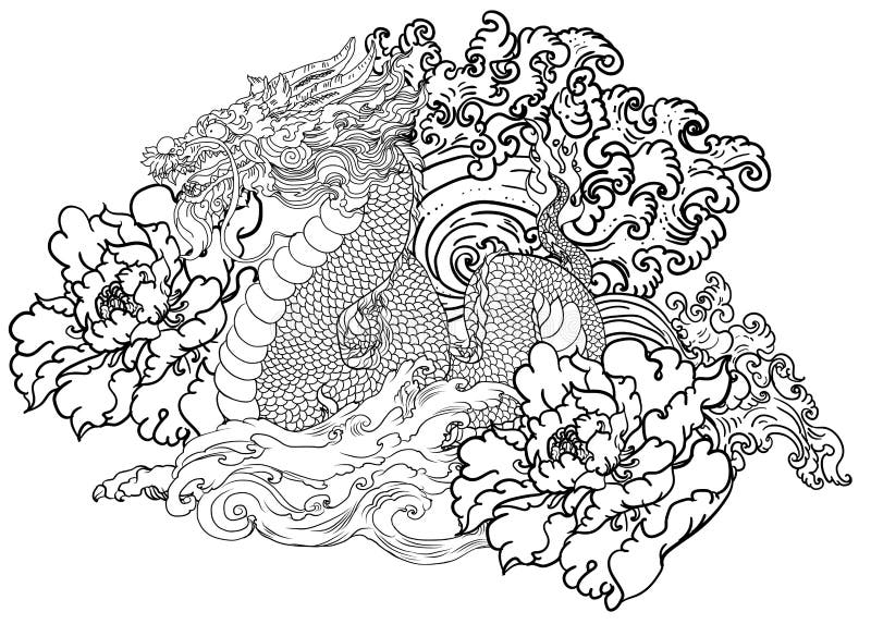 Japanese Old Dragon Tattoo For Arm Hand Drawn Dragon With Peony Flower