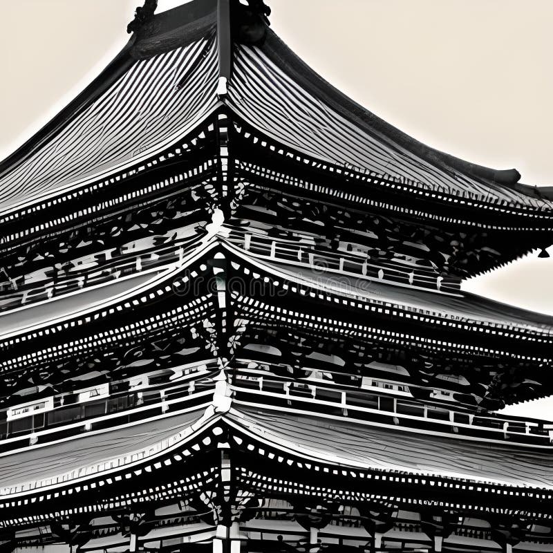 Japanese Painting Style Black and White Line Drawing Scroll Stock ...