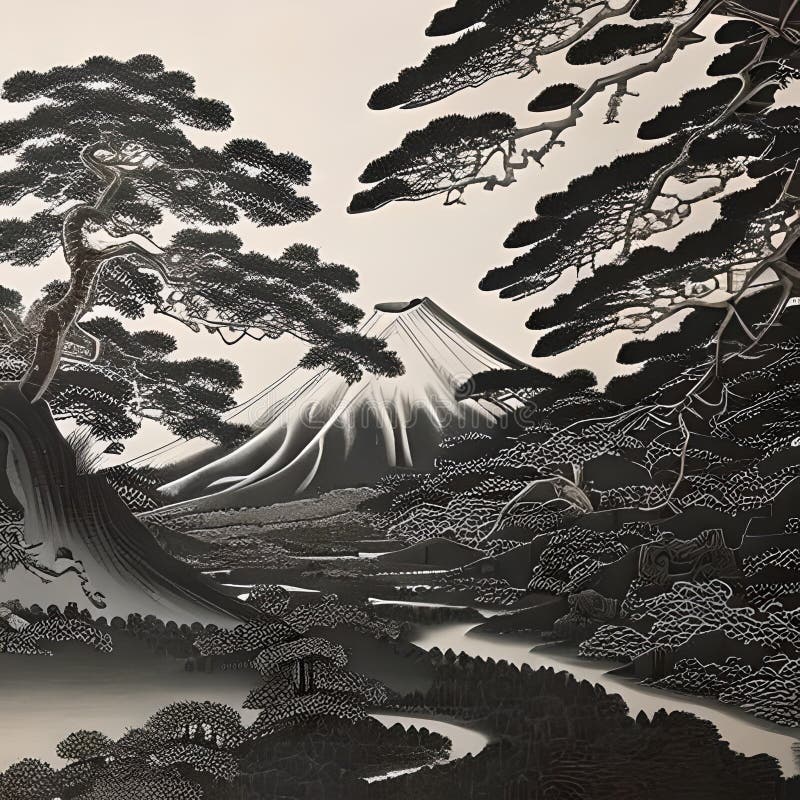 Japanese Painting Style Black and White Line Drawing Scroll Stock ...