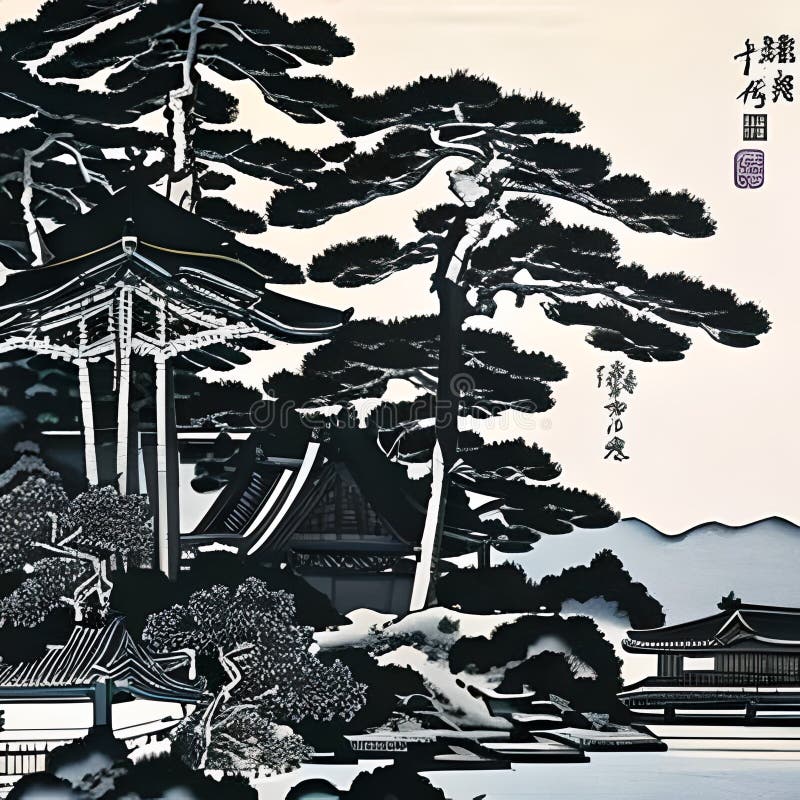 Japanese Painting Style Black and White Line Drawing Scroll Stock ...