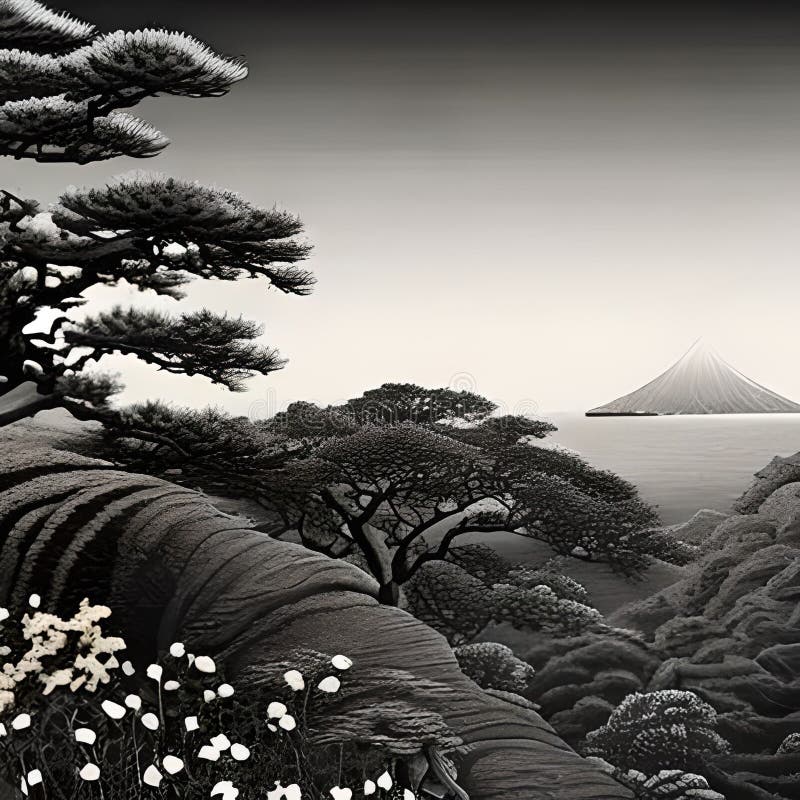 Japanese Painting Style Black and White Line Drawing Scroll Stock ...