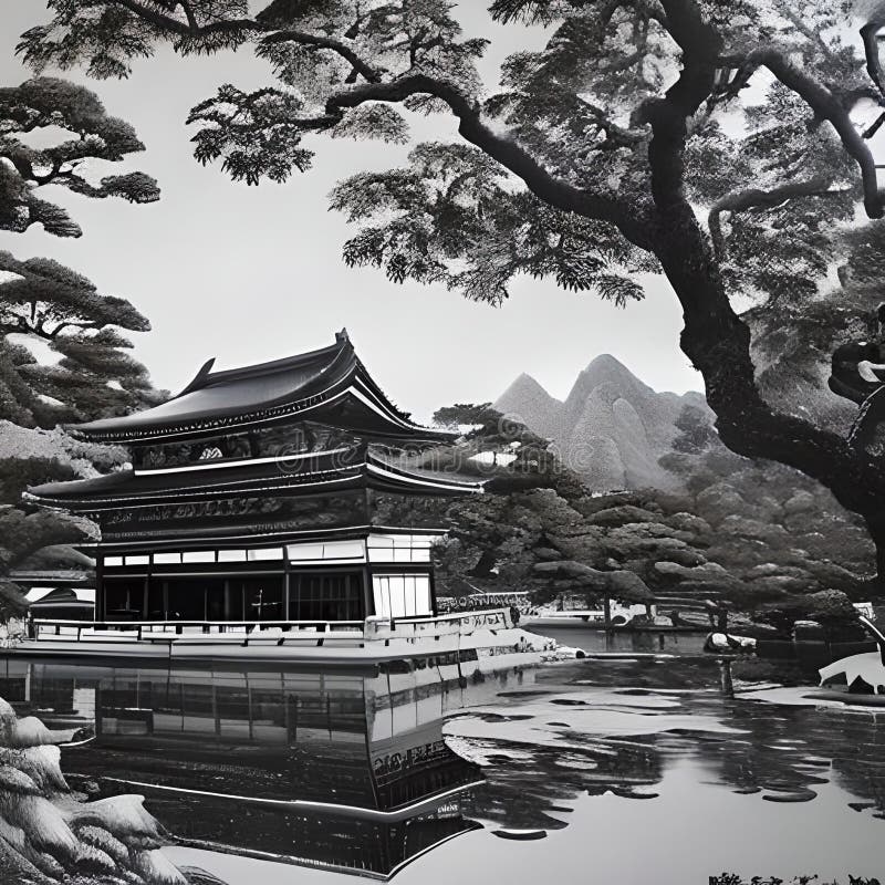 Japanese Painting Style Black and White Line Drawing Scroll Stock ...