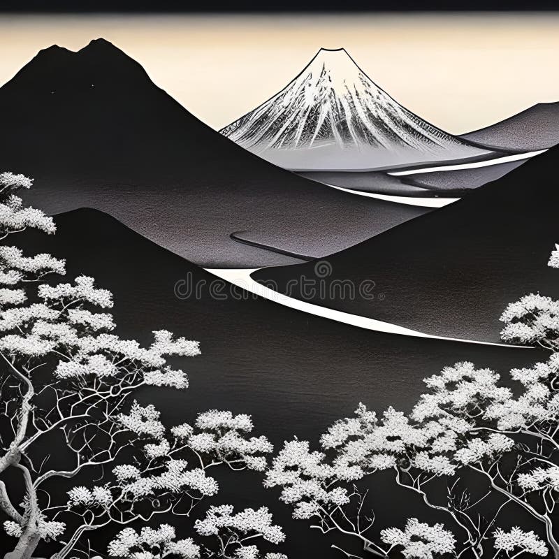 Japanese Painting Style Black and White Line Drawing Scroll Stock ...