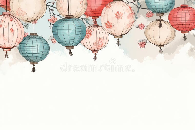 Japanese Paper Lanterns Border Sketch Stock Illustration - Illustration ...