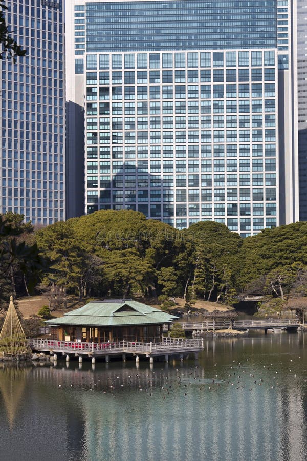 Japanese Park in Front of Office Buildings Stock Photo - Image of ...