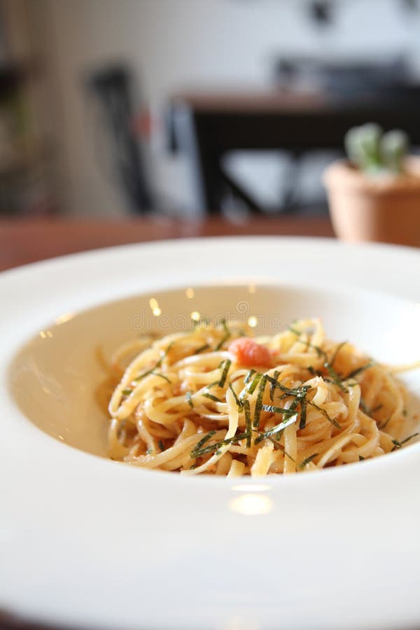 Japanese Pasta Mentaiko Spaghetti Stock Photo - Image of onion, high ...
