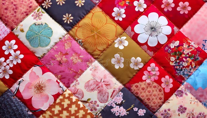 Japanese Patchwork Pattern with Cherry Blossoms, Vibrant, Traditional ...