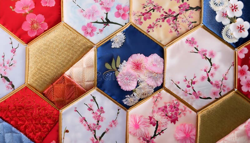 Japanese Patchwork Pattern with Cherry Blossoms, Vibrant, Traditional ...